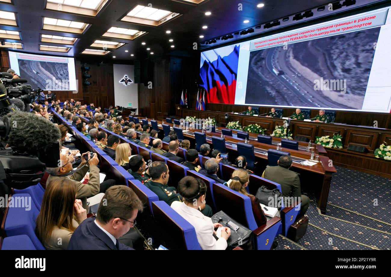 Russian top military officials speak to the media in front of an aerial ...