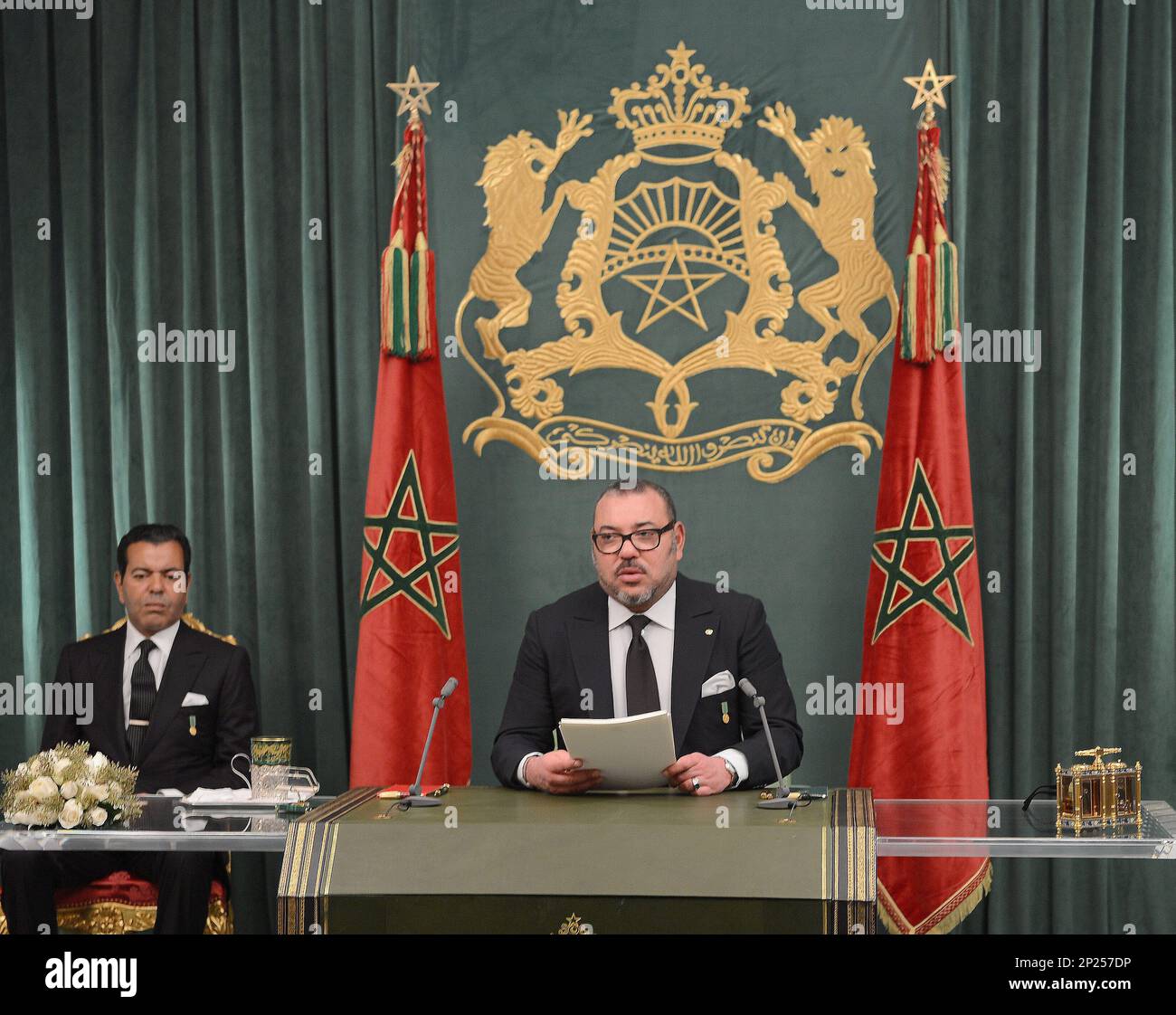 In this photo dated Friday, Nov. 6, 2015 Morocco's King Mohammed VI delivers a statement in ...