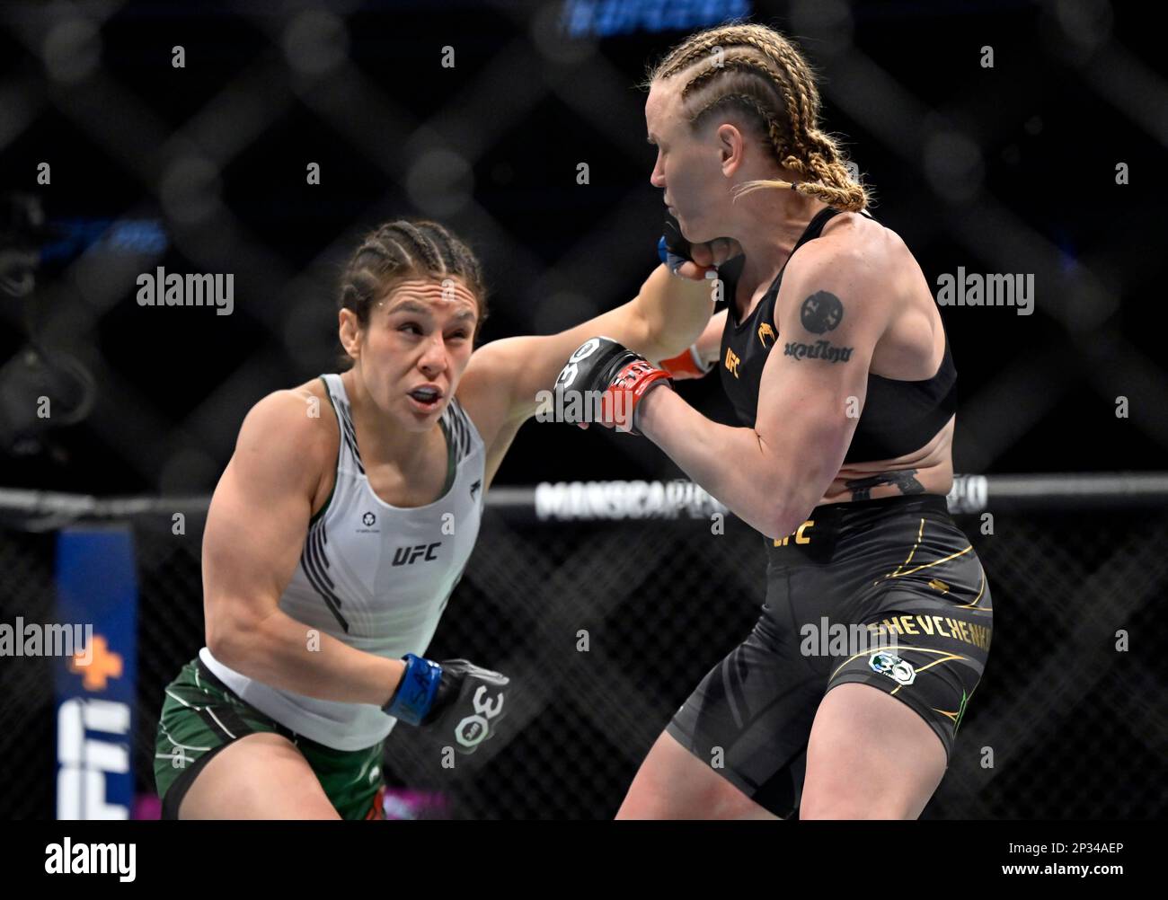 Alexa Grasso, left, jabs Valentina Shevchenko during a UFC 285 mixed ...