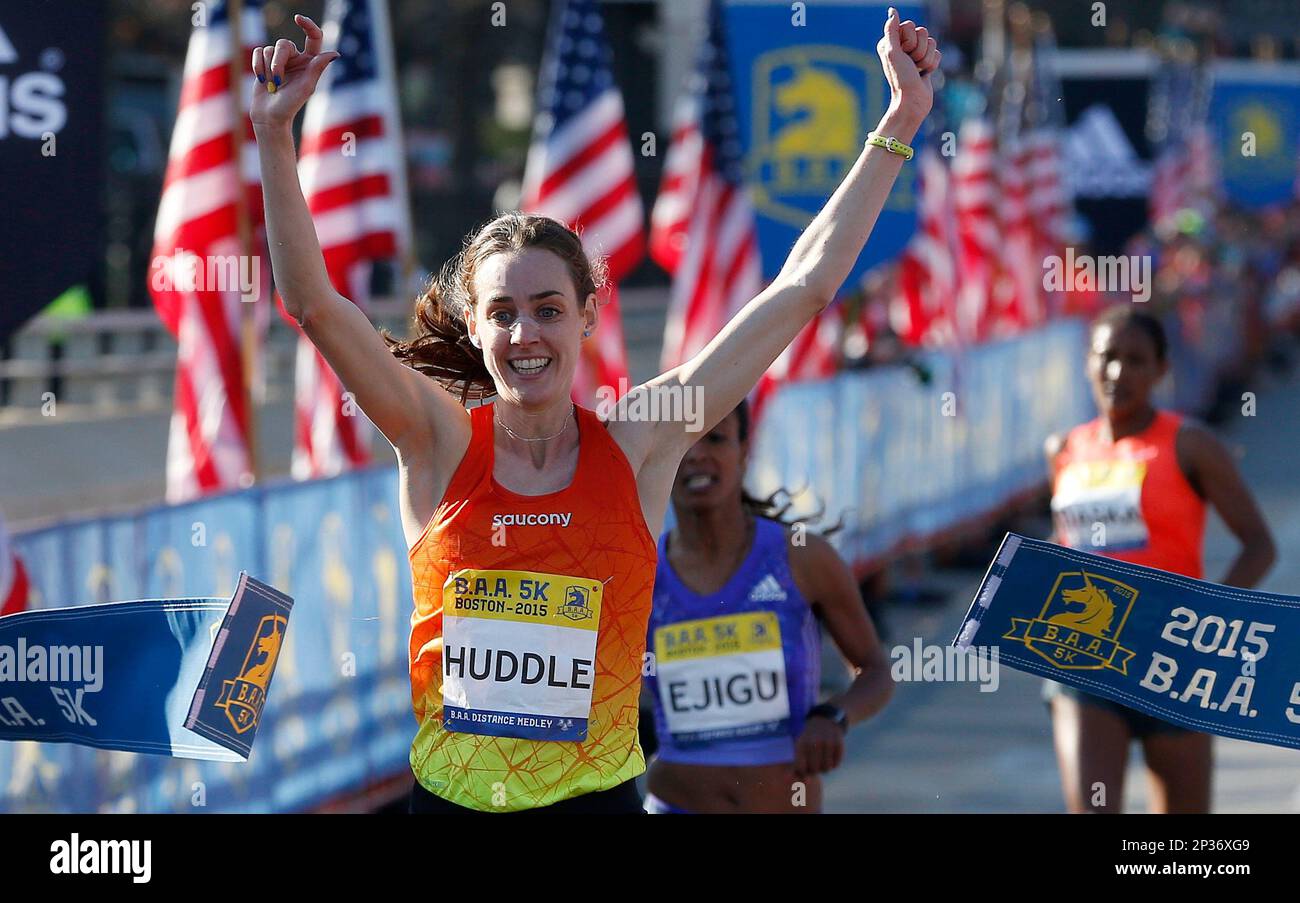 Molly Huddle wins the women's division of the Boston Marathon 5k in ...