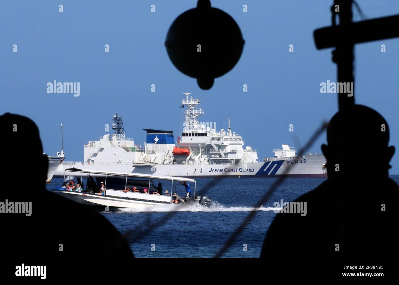 A photo shows the Japan Coast Guard's largest patrol vessel Akitsushima, seen off the Pacific ...