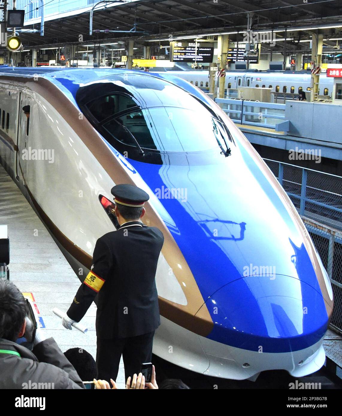 A bullet train on the Hokuriku Shinkansen line bound for Kanazawa is ...
