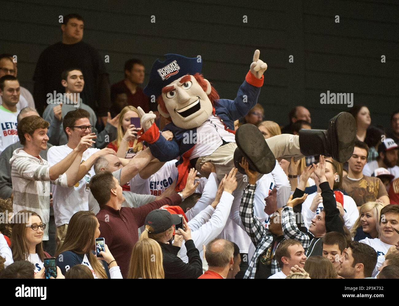 January 16 2015: Robert Morris Colonials mascot RoMo crowd surfs during ...