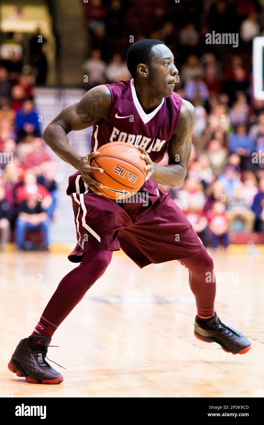 14 JAN 2015: Fordham Rams guard Antwoine Anderson (0) looks to pass ...