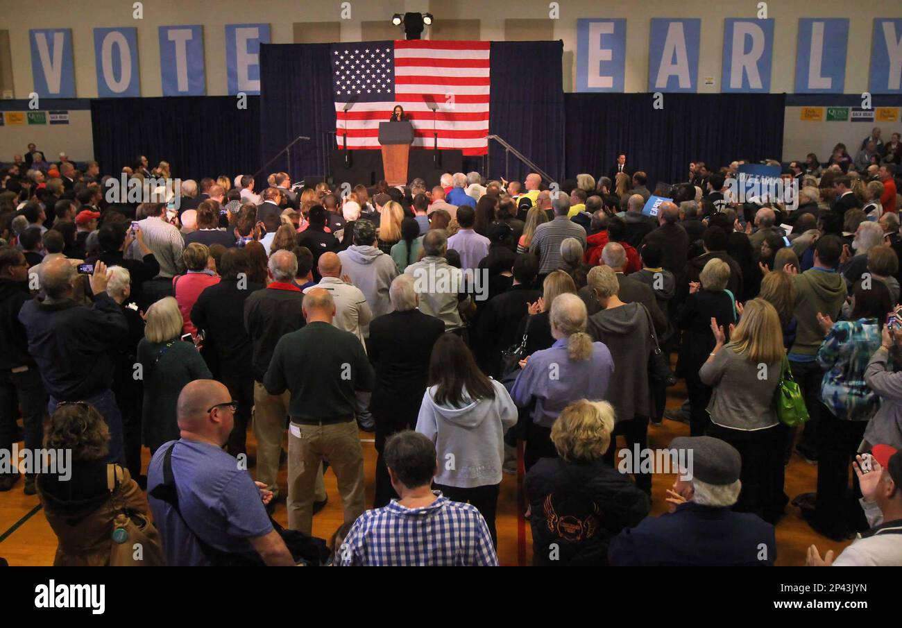 A crowd listens to Illinois Attorney General Lisa Madigan speak at the ...