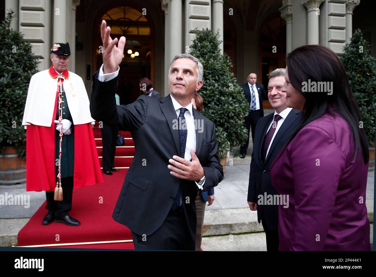 Swiss Federal President Didier Burkhalter, left, welcomes Macedonian ...