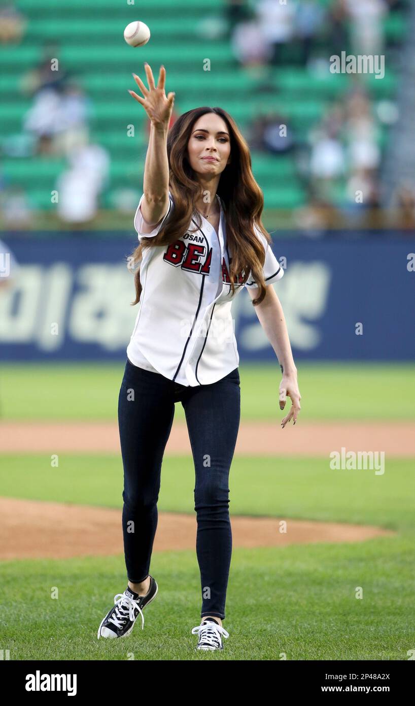 Megan Fox throws the ceremonial first pitch prior to a South Korean pro ...