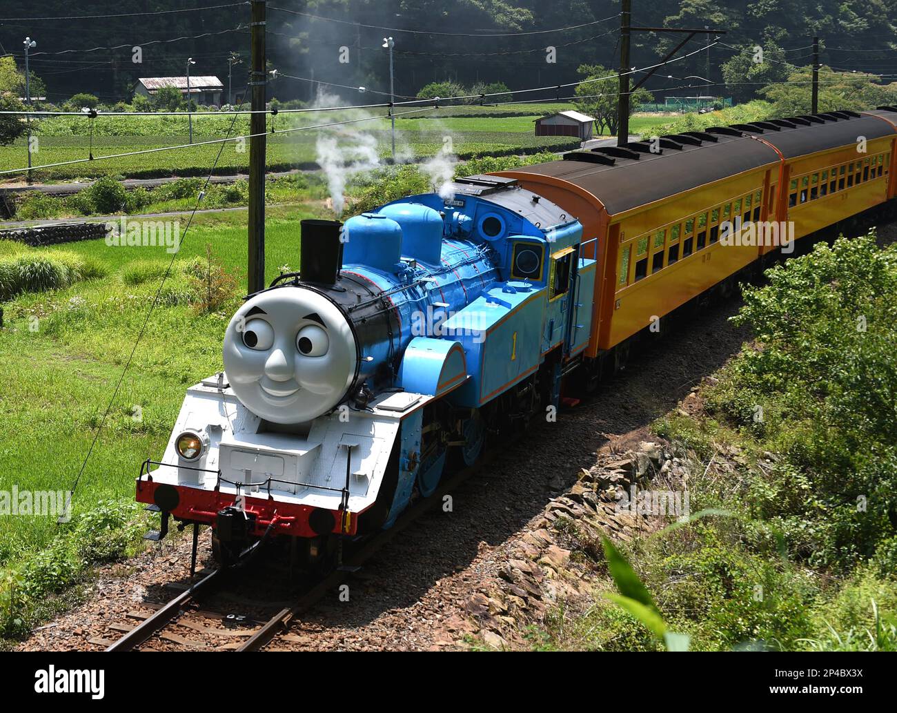 Thomas the Tank Engine runs in the test operation on the Oigawa Line in ...