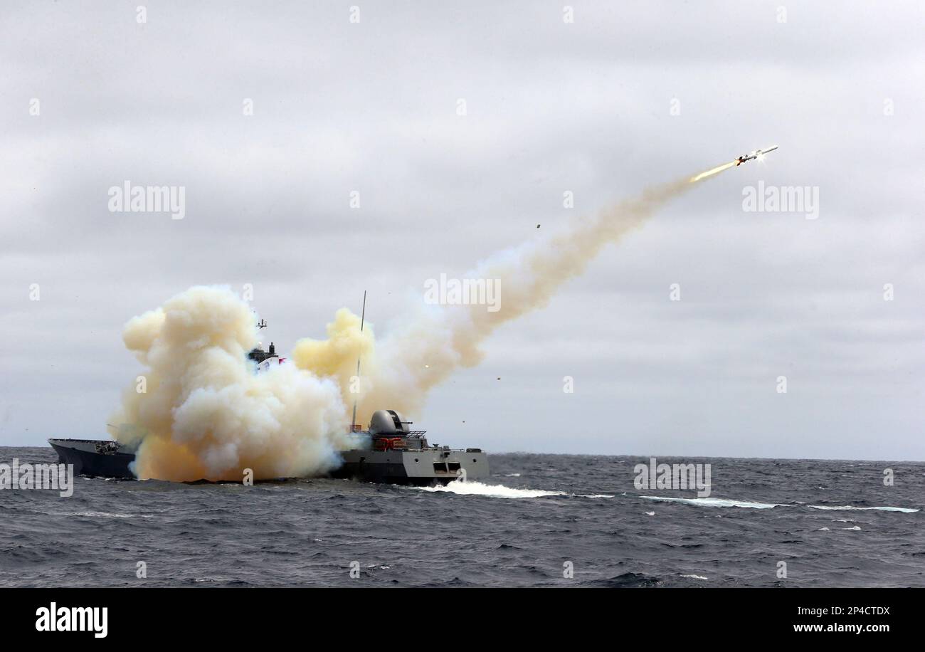 South Korean Navy's Guided Missile Patrol Gun Boat fires a harpoon ...