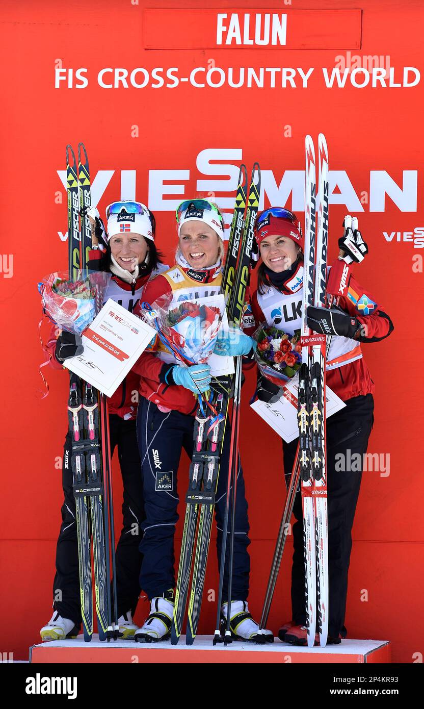 Norway's Therese Johaug, middle, on the winner's stand after the women ...