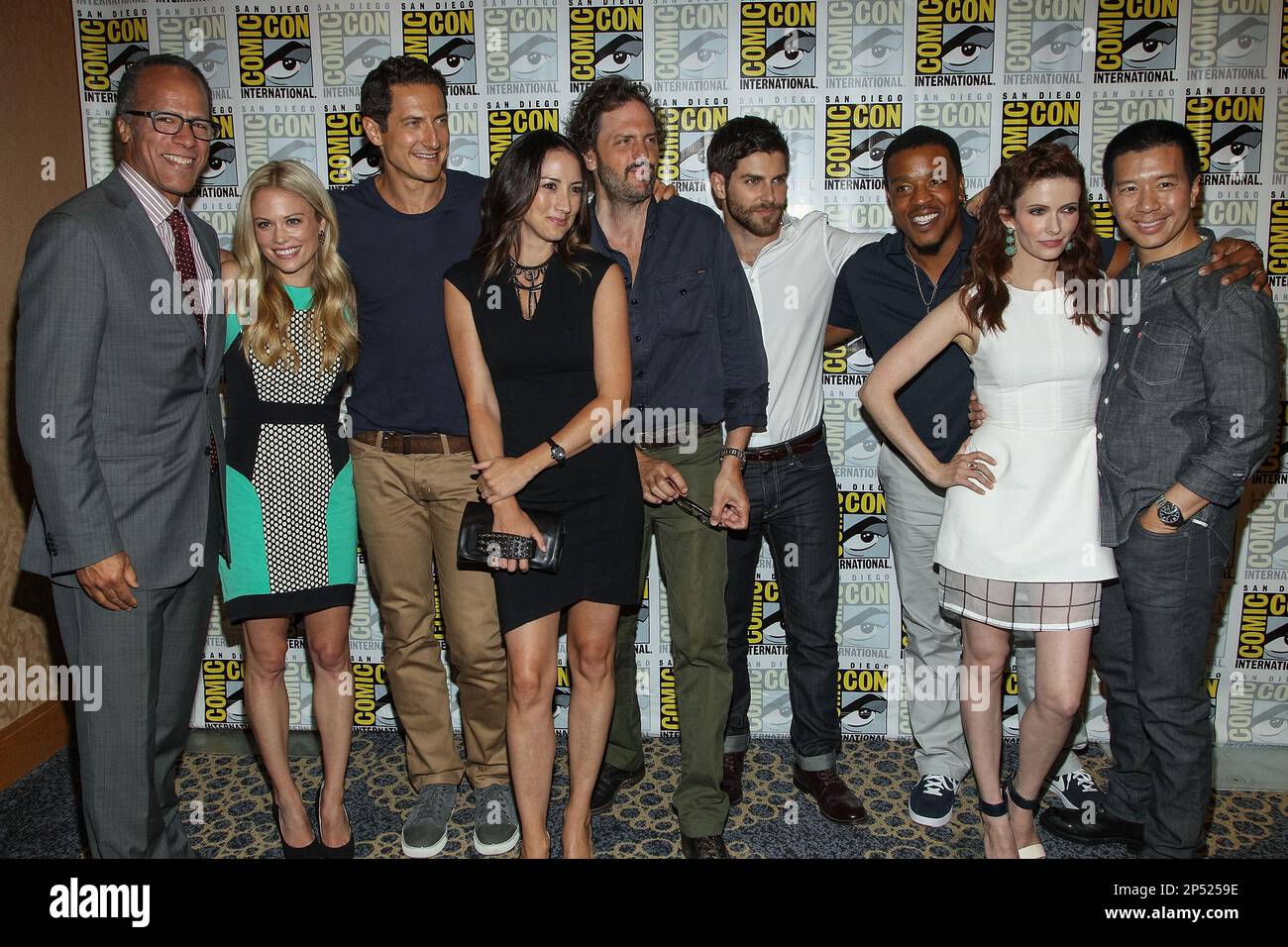 (L-R) NBC newscaster Lester Holt with actors Claire Coffee, Sasha Roiz ...