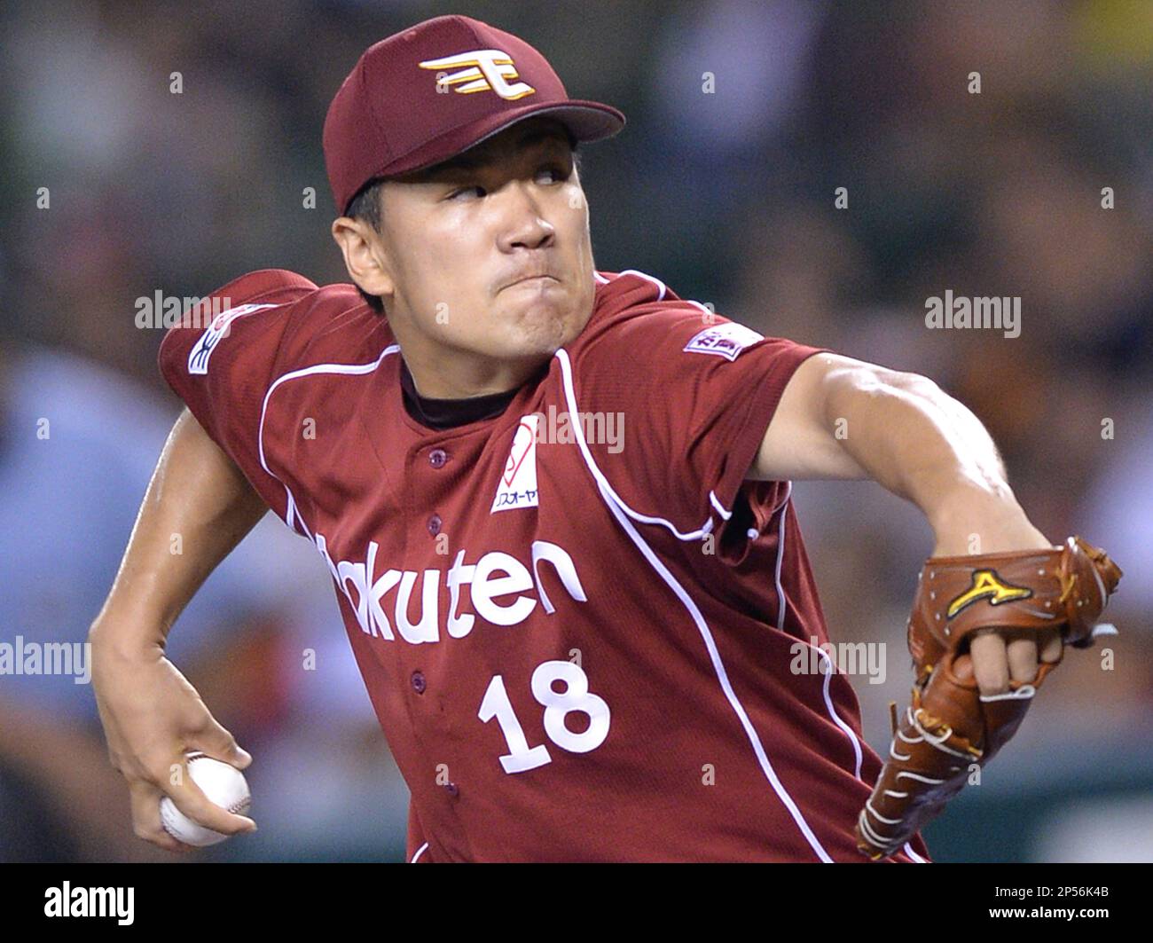 The Rakuten Eagales's starter pictcher Masahiro Tanaka hurls a ball in ...