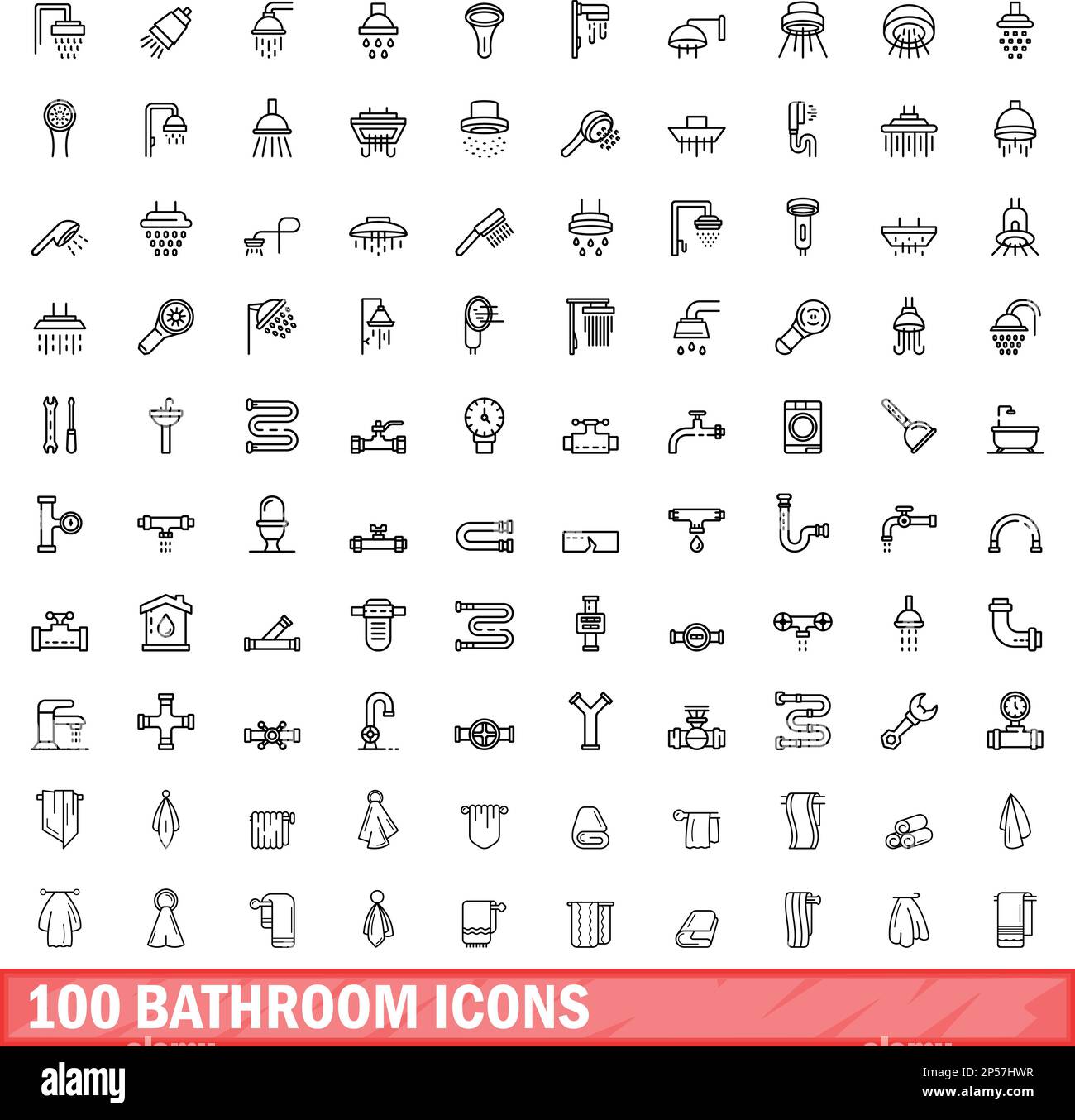 100 Badsymbole. Umrissdarstellung von 100 Badezimmersymbolen ...