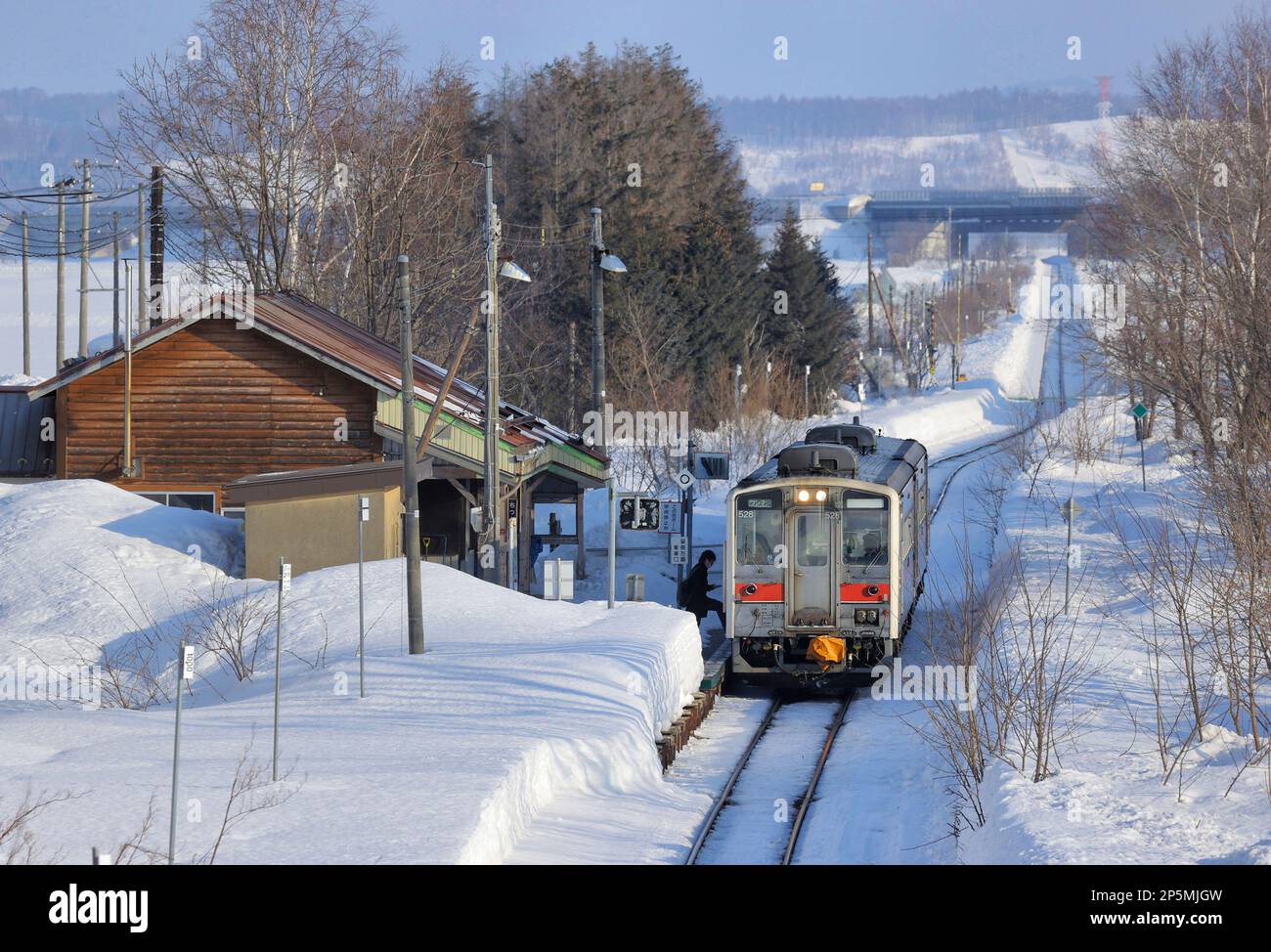 The train of the Rumoi Main Line, a railway line in Hokkaido operated ...
