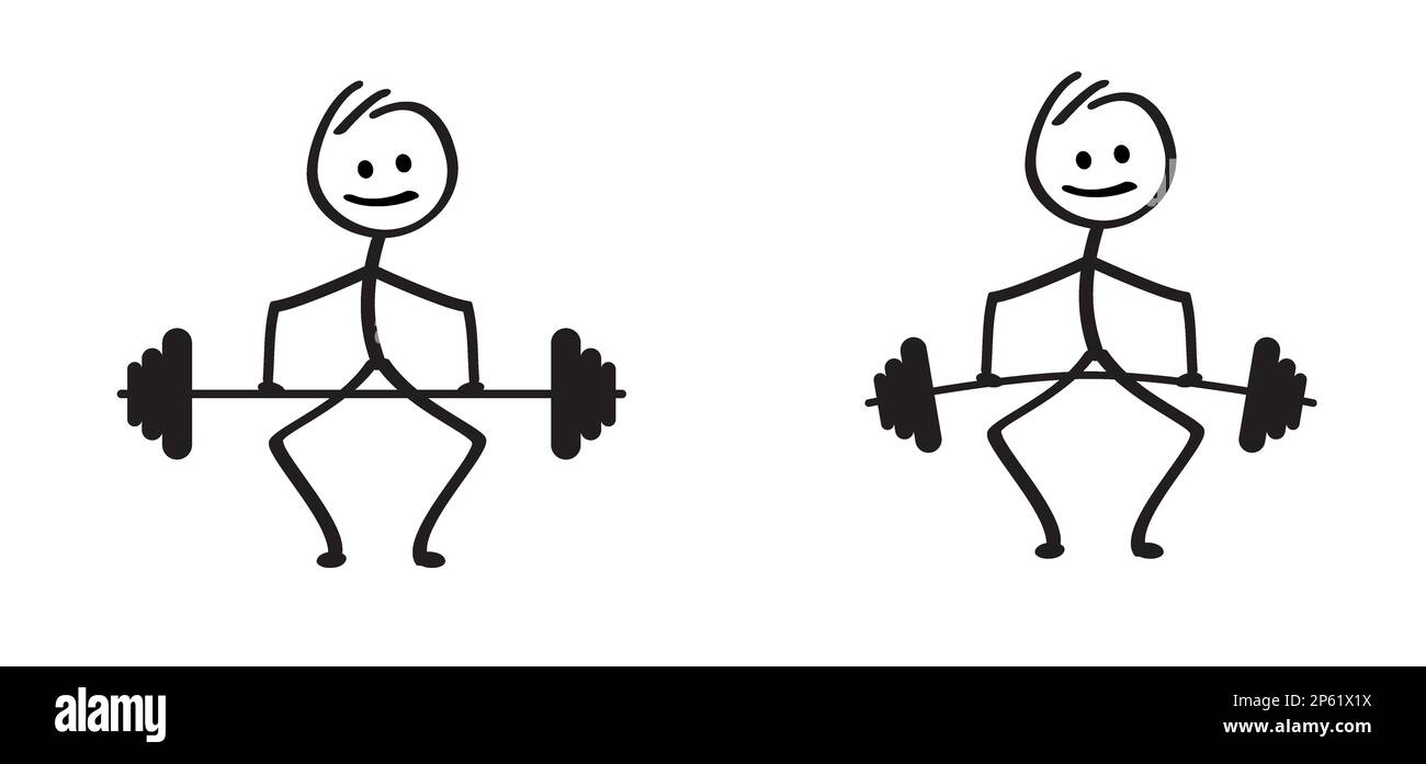 Cartoon-Sportler, Strichmännchen und Gewichtheben. Symbol oder ...