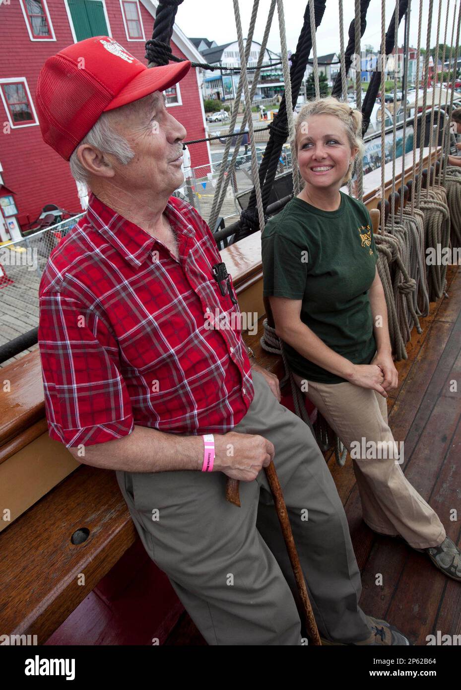 Gerald Zwicker, 76, who helped build the ship, talks with crew member ...
