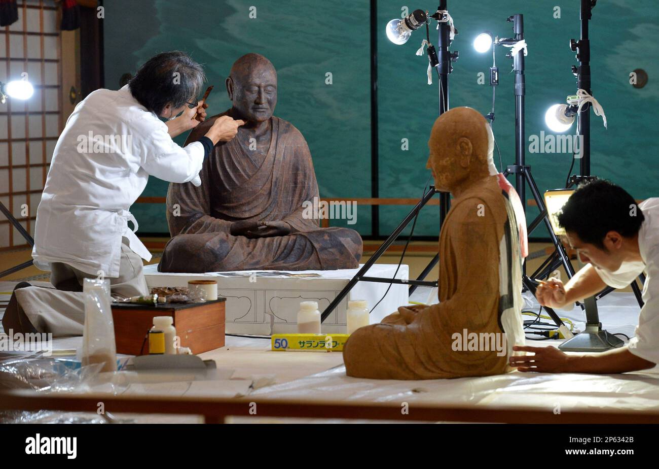 Artists study replicas of a statue of Ganjin Wajo at Toshodaiji temple ...