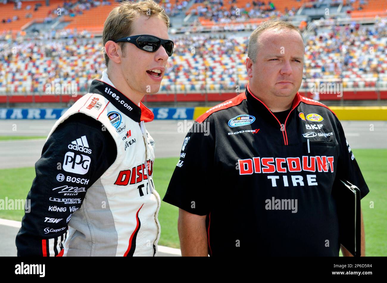 Brad Keselowski (left) and Crew Chief Jeremy Bullins (right) during ...