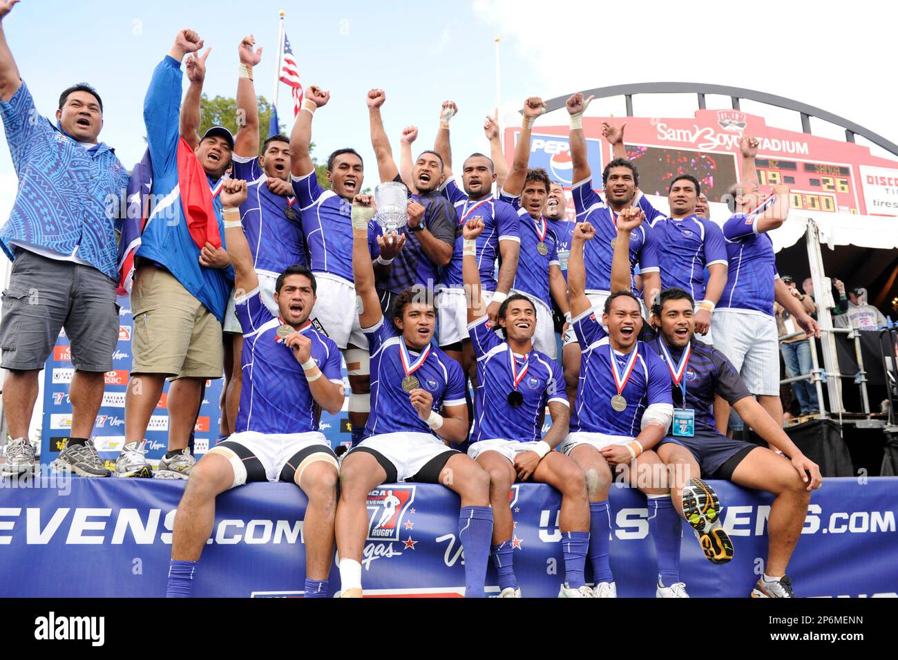 2012 FEB 12: The Samoan Rugby Team celebrates their Cup Final win after ...