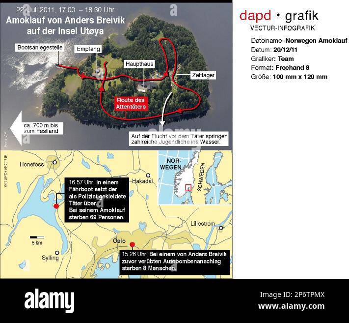 GRA108 GRAFIK NORWEGEN AMOKLAUF - Luftbild der Insel Utoya mit Angaben zum Ablauf der Bluttat ...