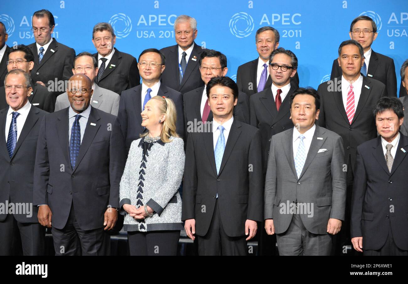 Japanese Foreign Minister Koichiro Genba (3rdfrom R on front row ) and ...
