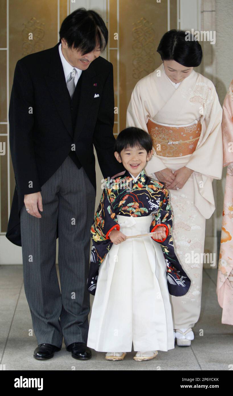 Japan's Prince Hisahito, wearing a traditional ceremonial attire ...