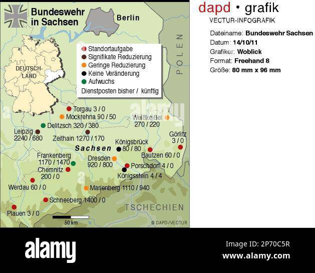 GRA108 GRAFIK BUNDESWEHR SACHSEN - Karte des Bundeslandes mit den bisherigen Standorten der ...
