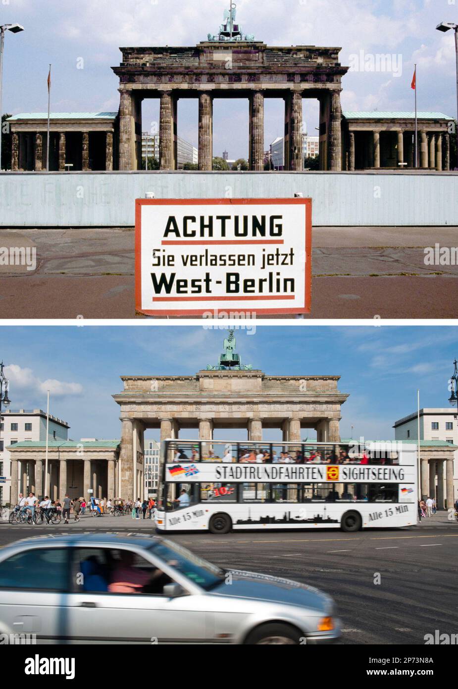 Die Bildkombo zeigt das Brandenburger Tor in Berlin hinter der Mauer ...