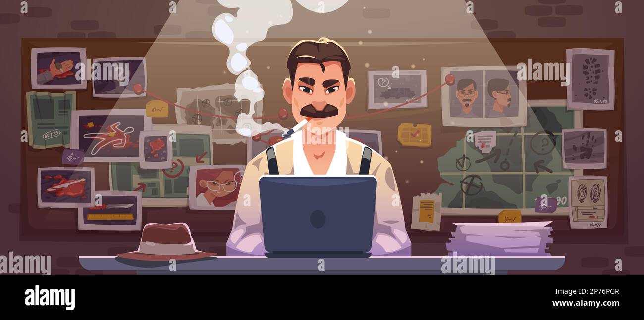 Detective mit Hinweistafel. Cartoon-Polizeiagenten mit ...