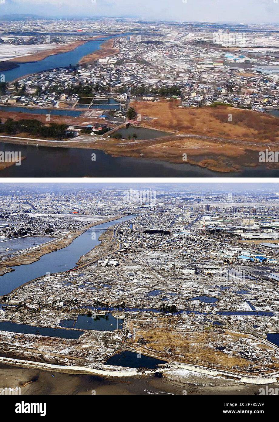 The combination photos show the estuary of River Nanakita, shown top ...