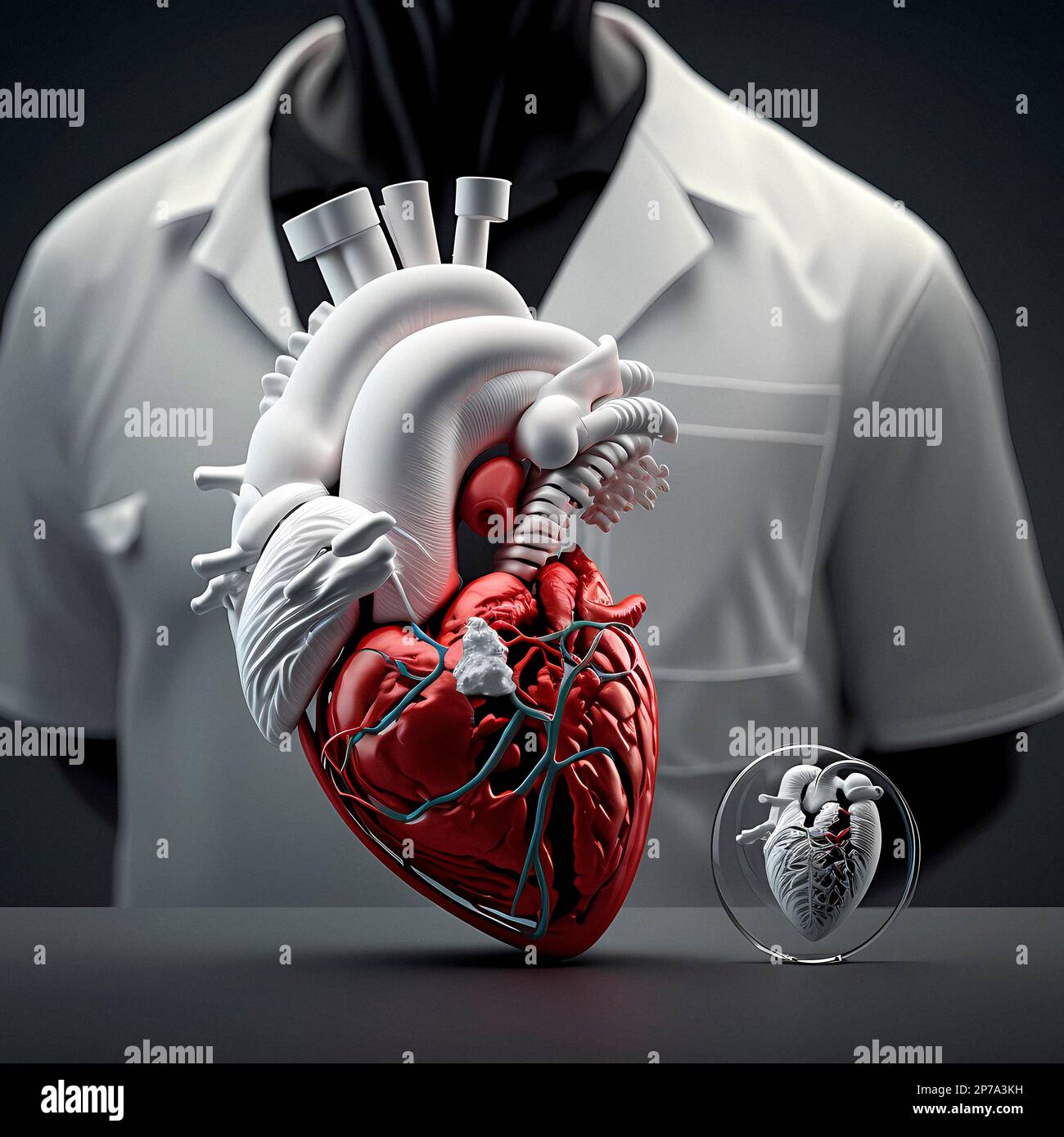 Herzchirurgie, menschliches Herz mit Zellen und Arterien, Herzinfarkt ... Herzchirurgie, menschliches Herz mit Zellen und Arterien, Herzinfarkt ...