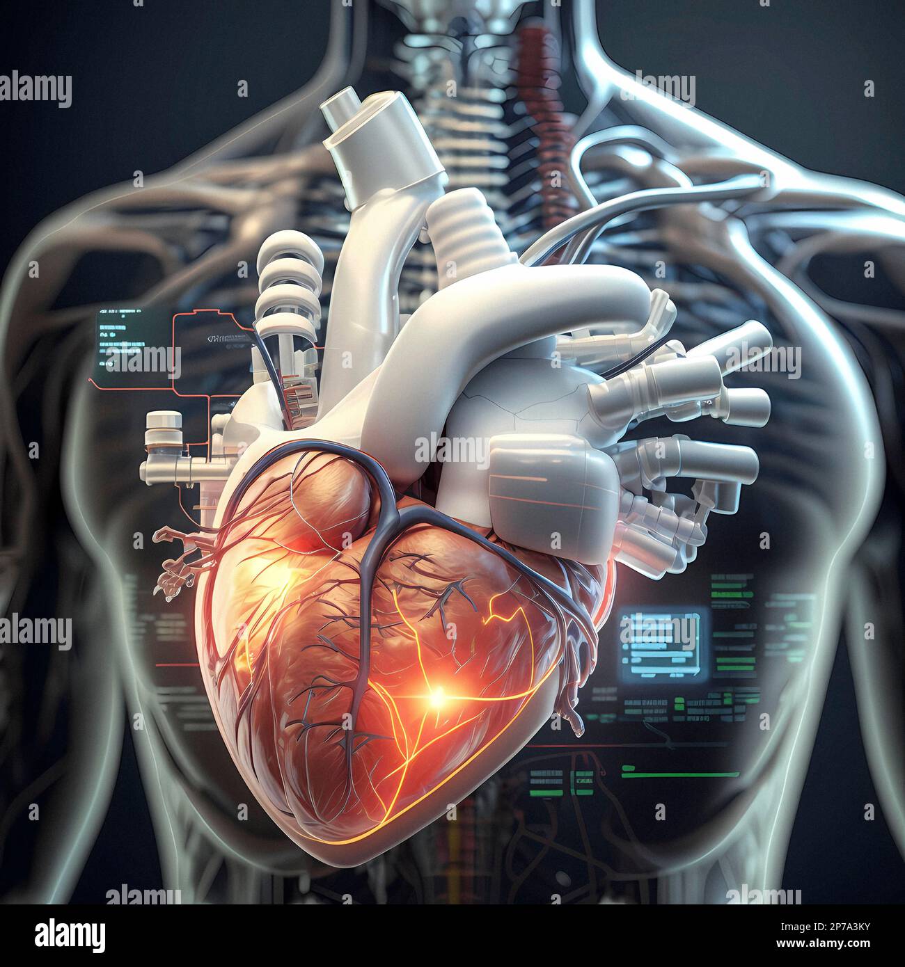 Herzchirurgie, menschliches Herz mit Zellen und Arterien, Herzinfarkt ... Herzchirurgie, menschliches Herz mit Zellen und Arterien, Herzinfarkt ...