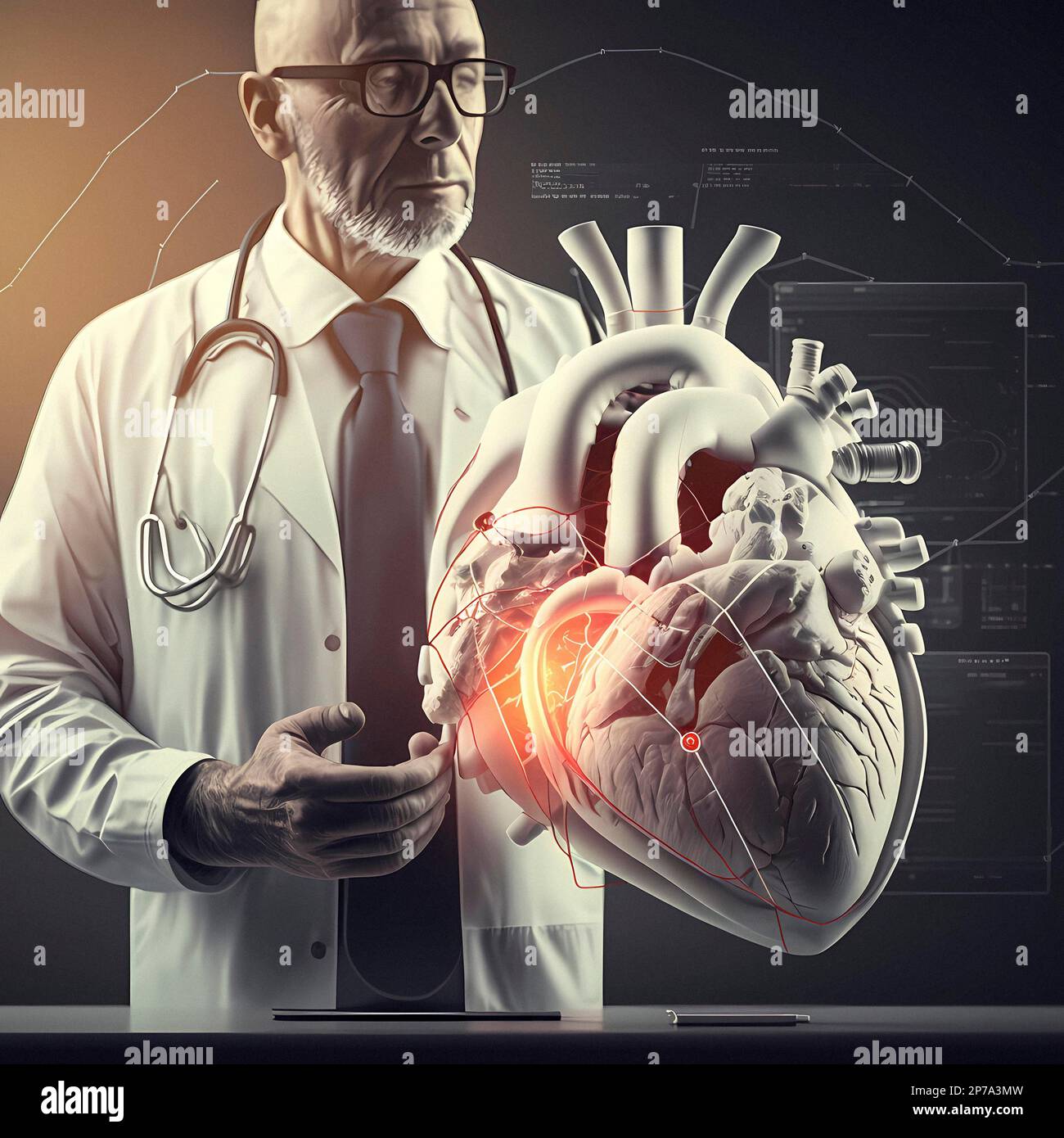 Herzchirurgie, menschliches Herz mit Zellen und Arterien, Herzinfarkt ... Herzchirurgie, menschliches Herz mit Zellen und Arterien, Herzinfarkt ...