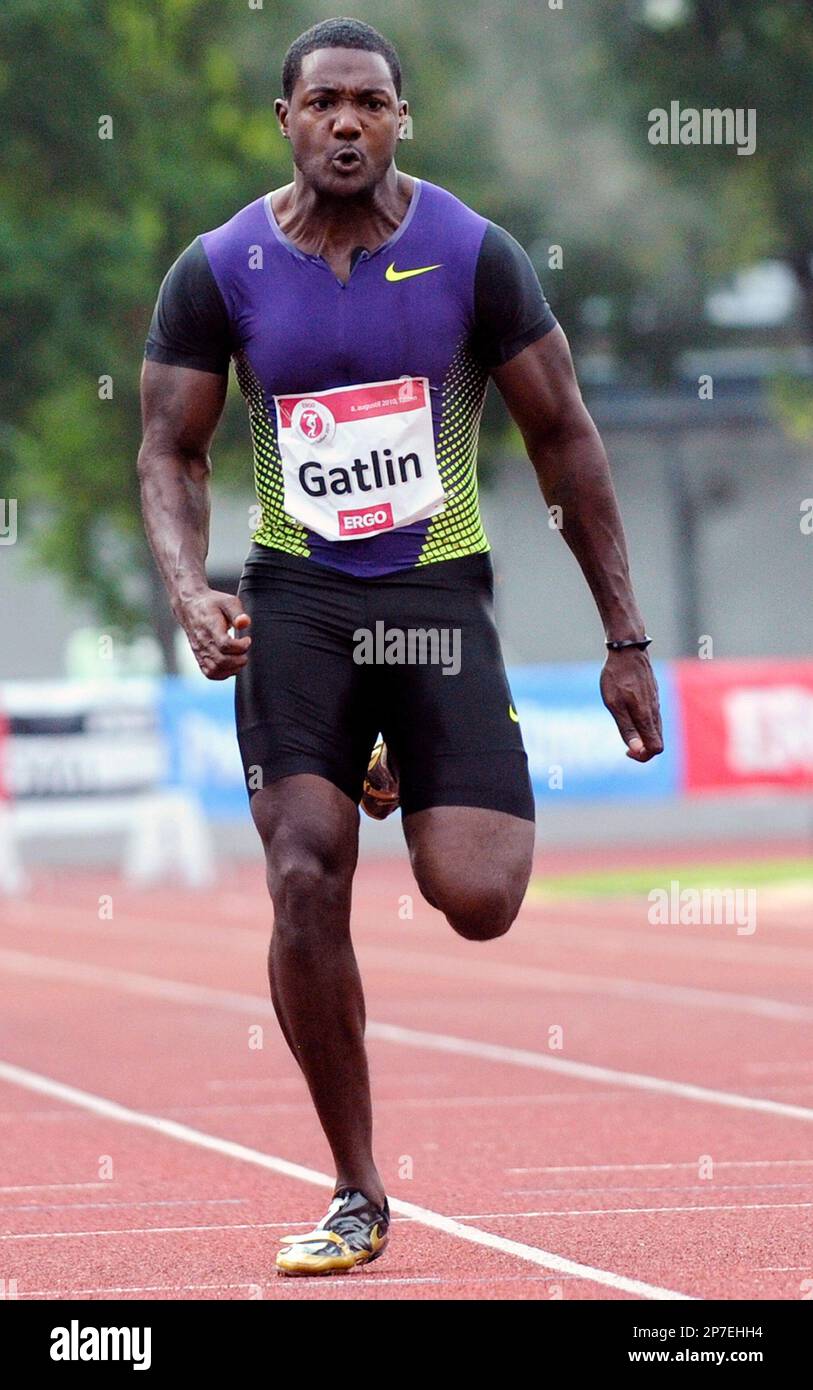 Former Olympic champion Justin Gatlin finishing the men's 100 meter ...