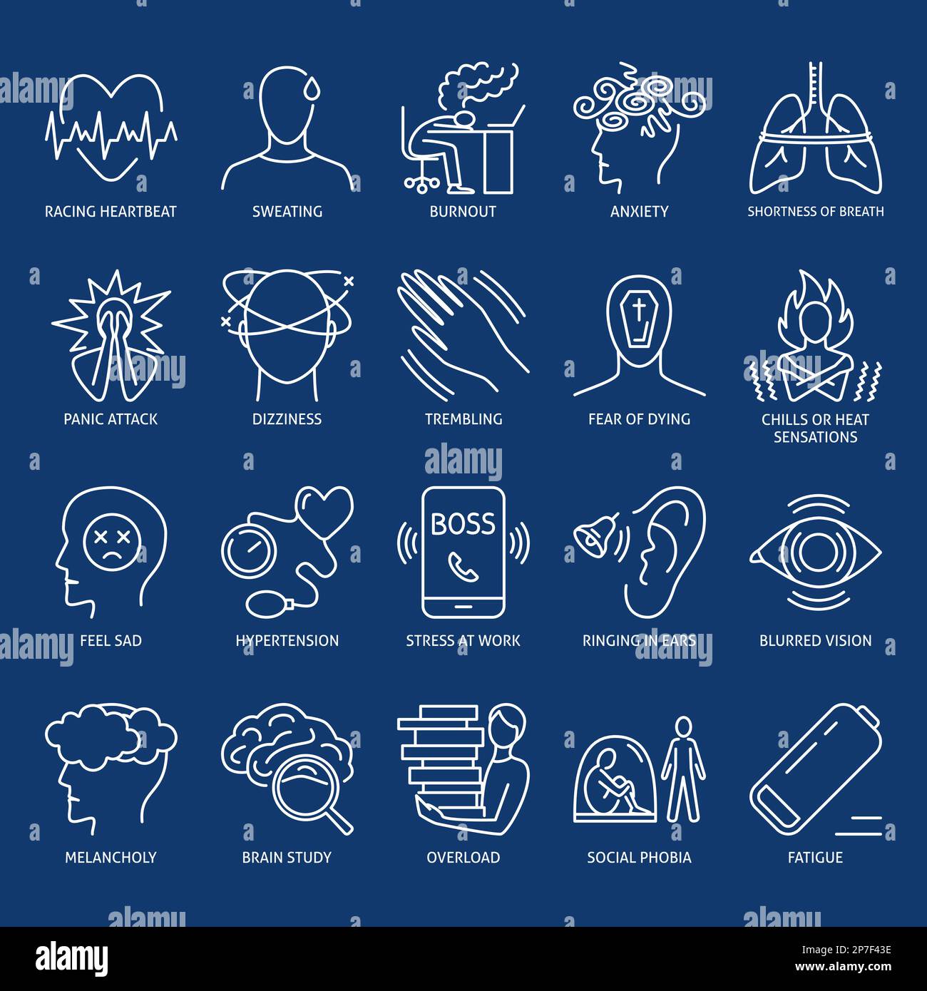 Stresssymptome und Burnout-Symbol in Linienart gesetzt. Depression ...