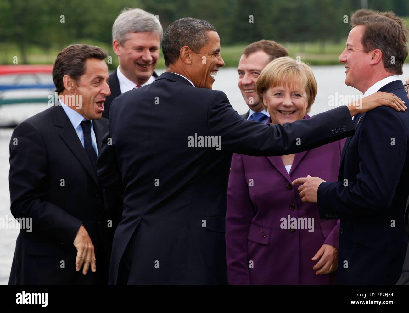 United States President Barack Obama jokes with, from left, France's ...