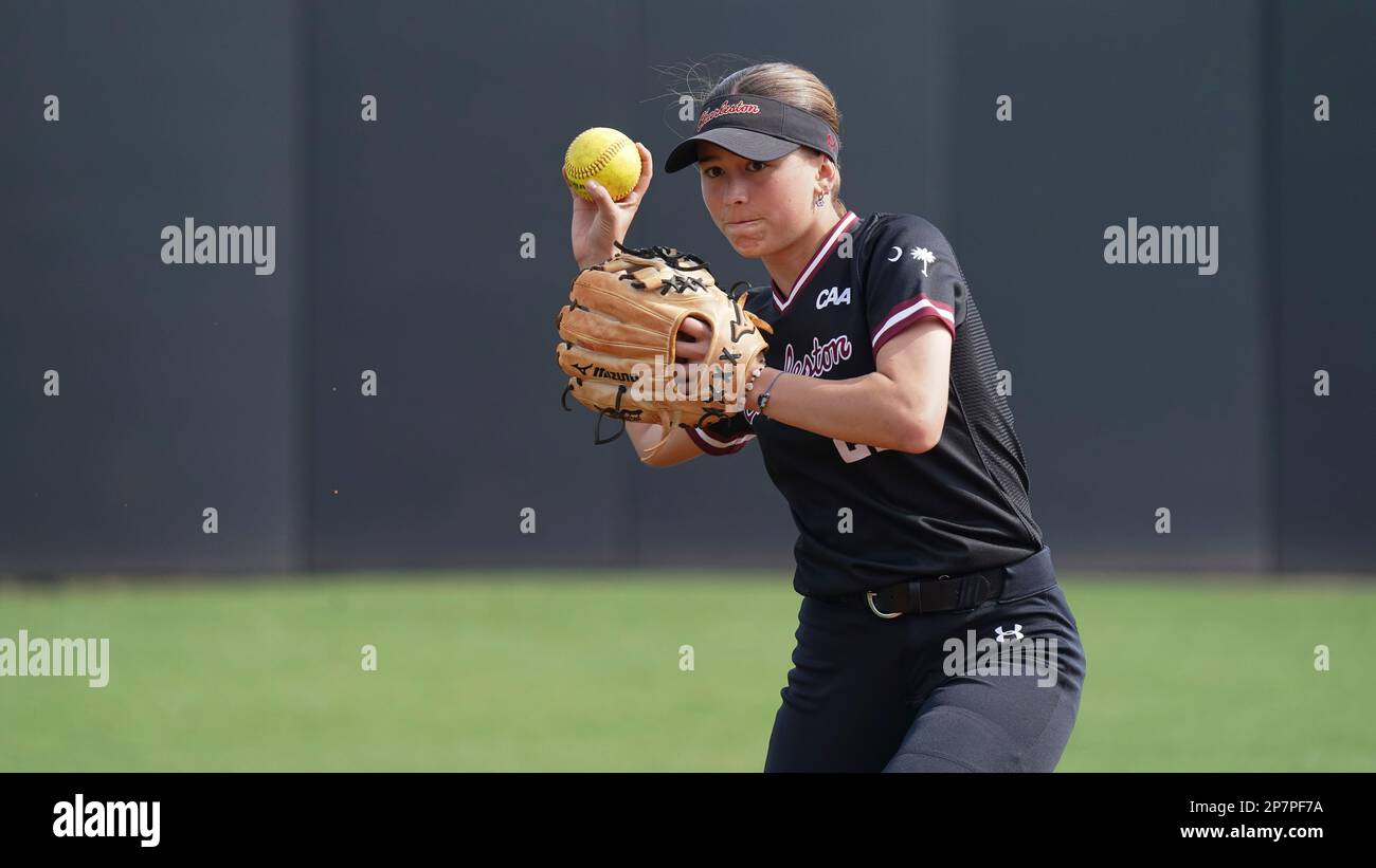 College of Charleston infielder Chloe Valdez throws a ball during warm ...