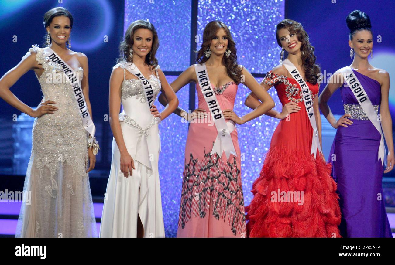 Miss Universe 2009 contestants line up after finishing in the top five ...