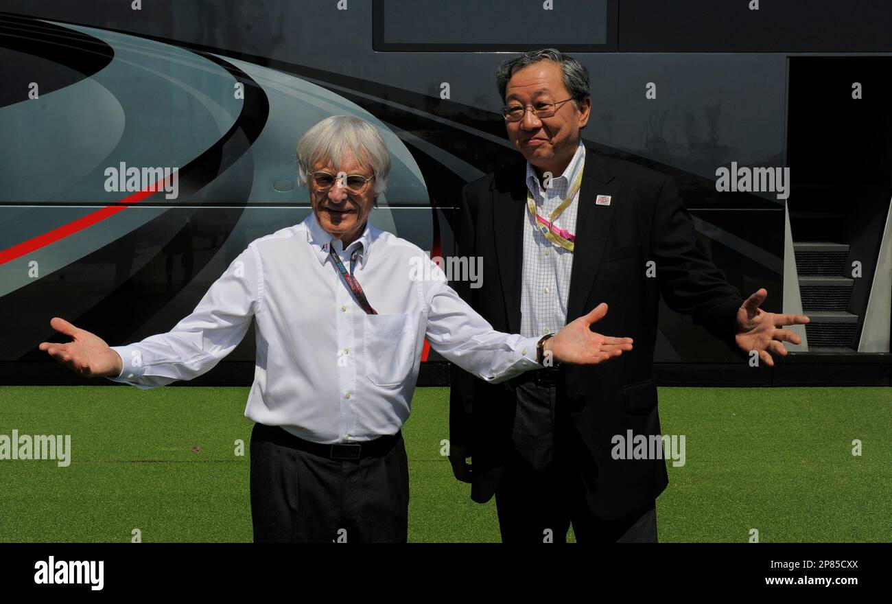 Bernie Ecclestone, president and CEO of the Formula One managment, right, and Hiroshi Oshima ...