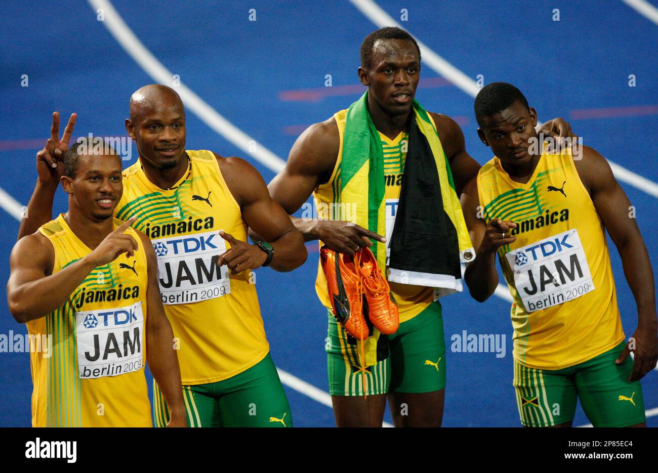 Jamaica's Michael Frater, Asafa Powell Usain Bolt and Steve Mullings ...