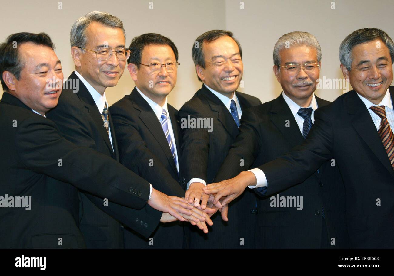 New President of Toyota Motor Corp. Akio Toyoda, third from left, poses ...
