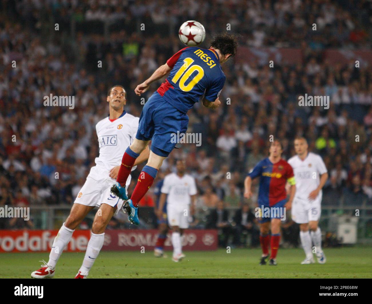 Barcelona's Lionel Messi scores on a header his side second goal ...