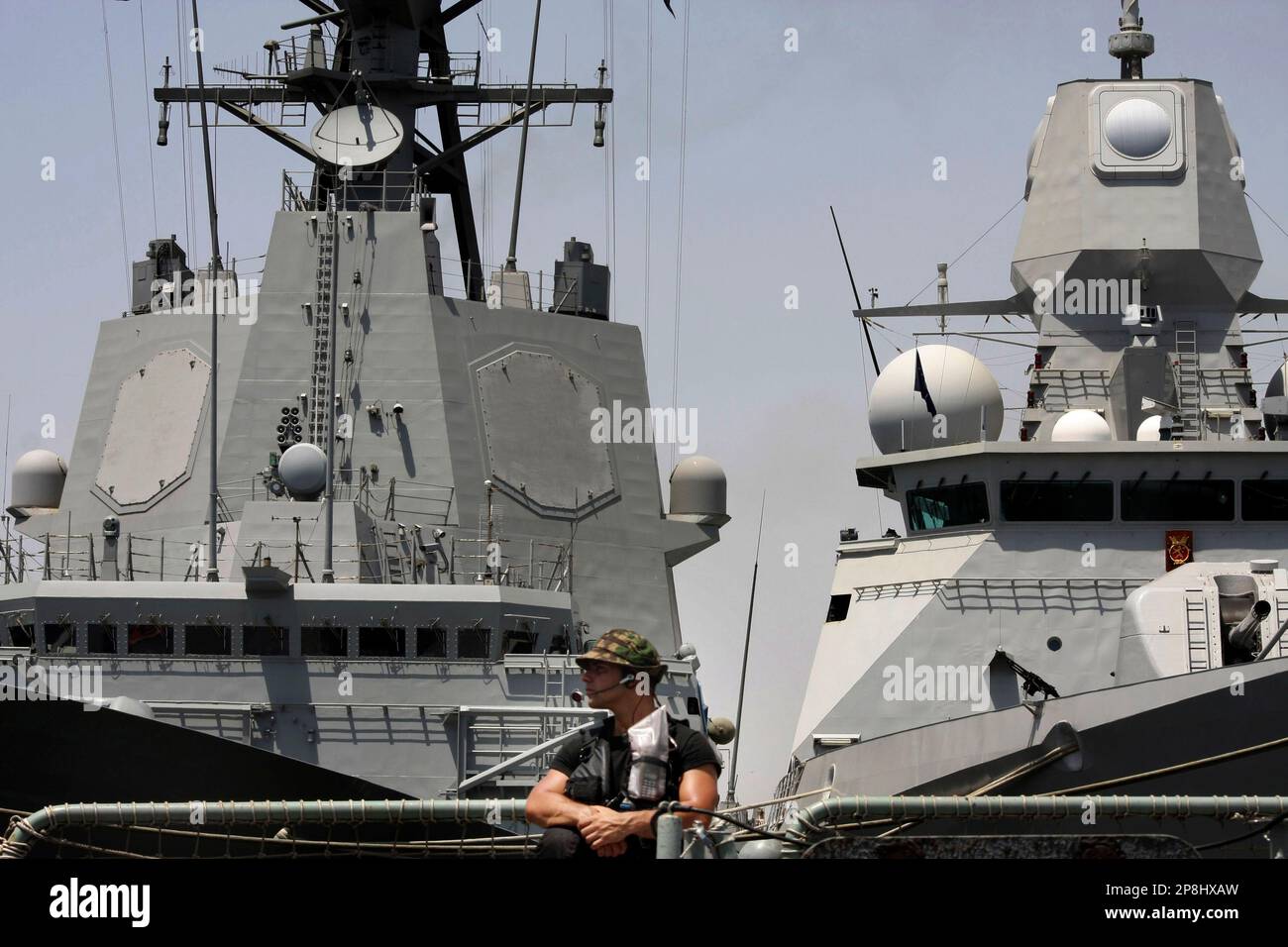 A soldier of the Standing NATO Maritime Group One stands guard at ...