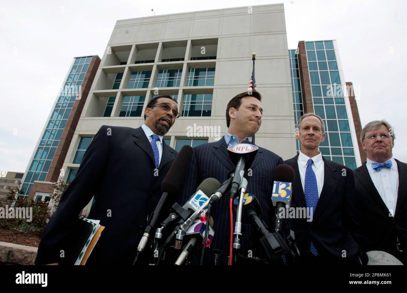 Criminal attorney Billy Martin, left, agent Joe Segal, at microphone, bankruptcy attorney Peter ...