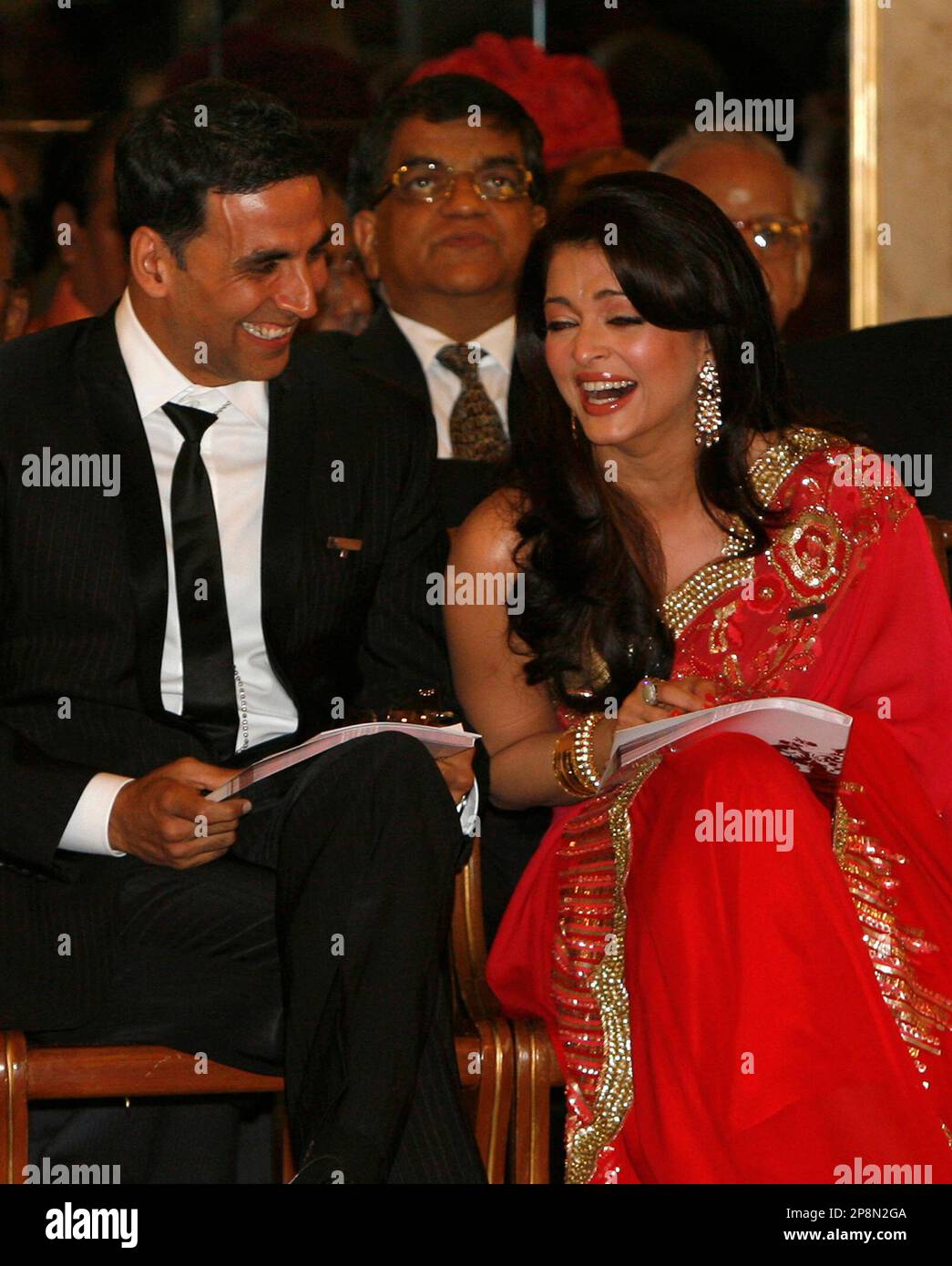 Bollywood actors Akshay Kumar, left, and Aishwarya Rai Bachchan look on ...