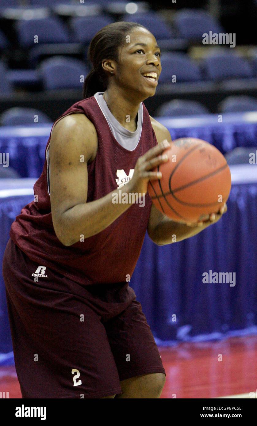 Mississippi State guard Alexis Rack smiles during practice for a first ...