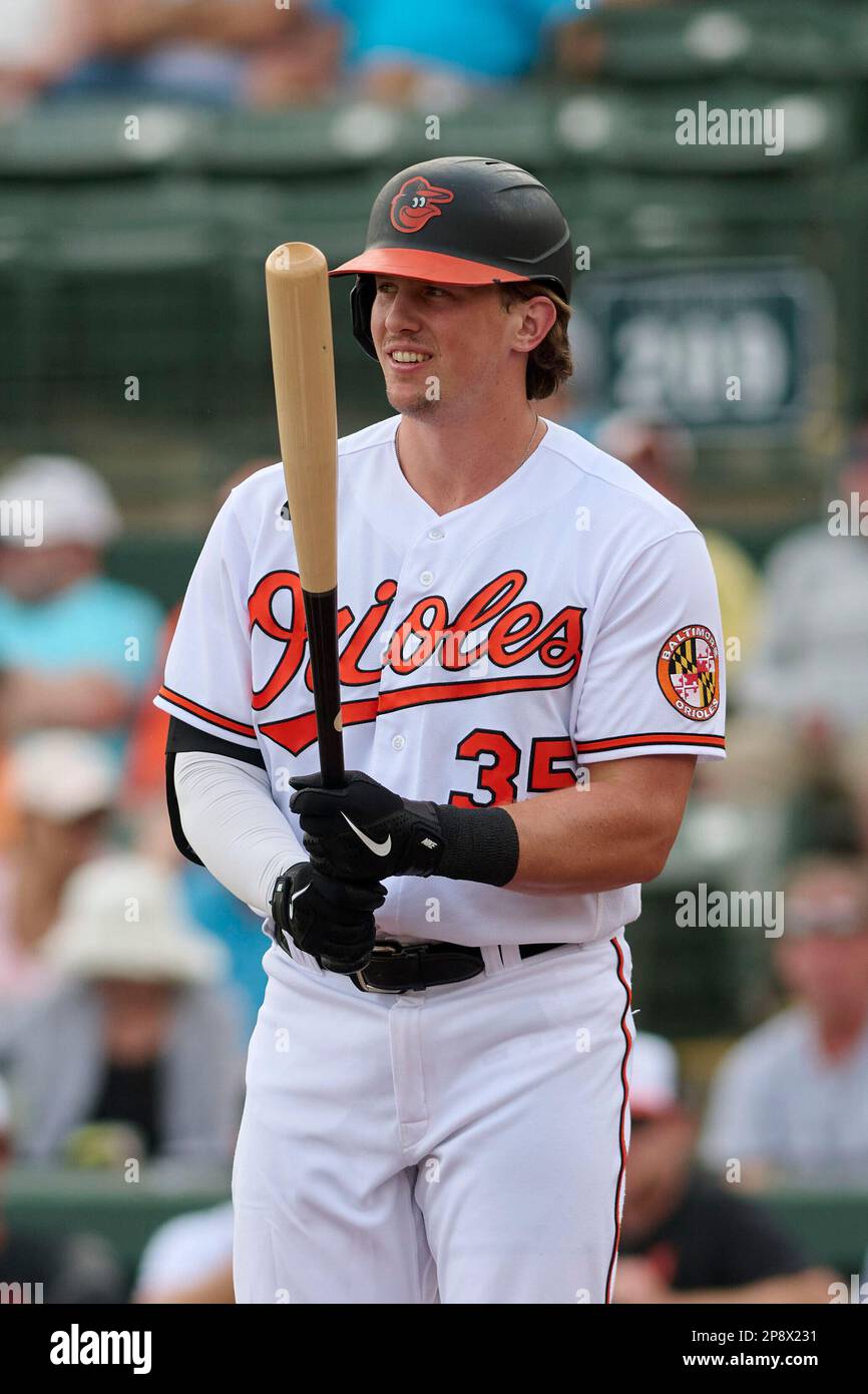 Baltimore Orioles Adley Rutschman (35) bats during a spring training ...
