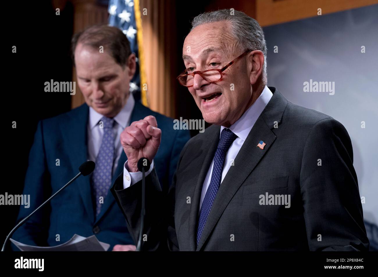 Senate Majority Leader Chuck Schumer, D-N.Y., joined at left by Senate ...
