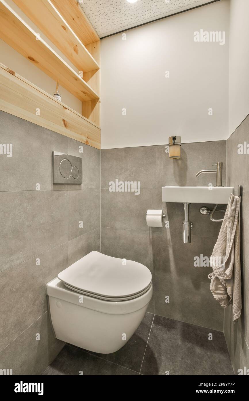 Ein Badezimmer mit Toilette, Waschbecken und Handtuch, das an der Wand ...