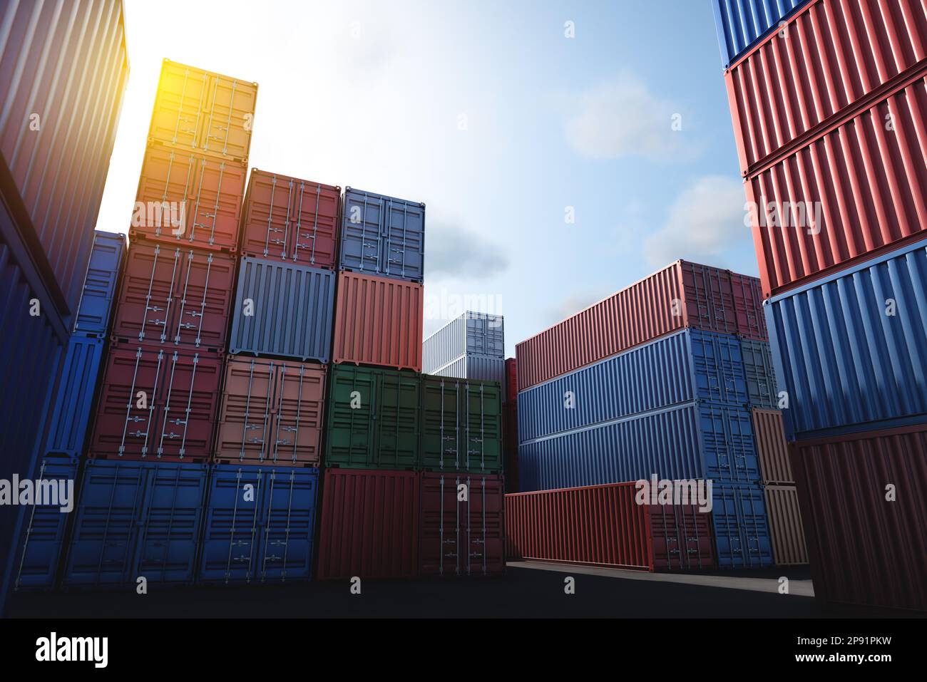 Lager gestapelter Standardcontainer für Fracht zur vorübergehenden ...